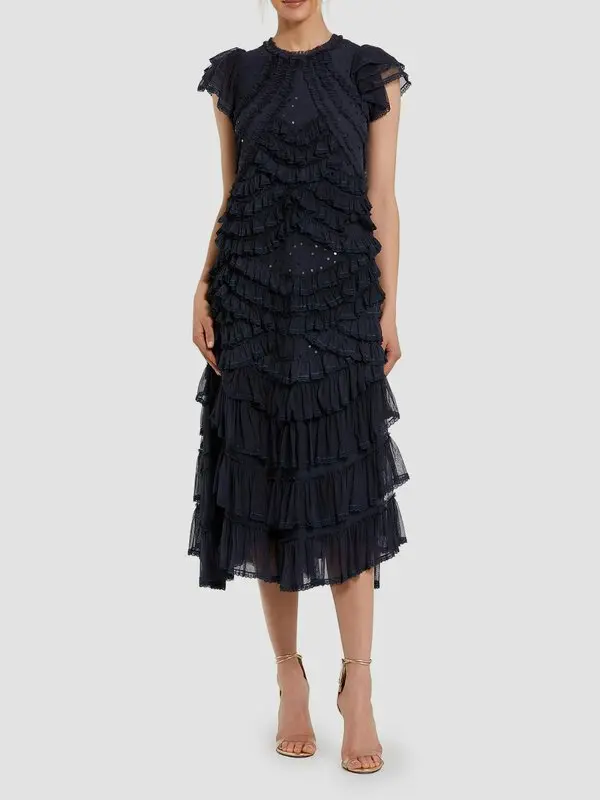 Mac Duggal High Neck Mesh Ruffle Midi-dress