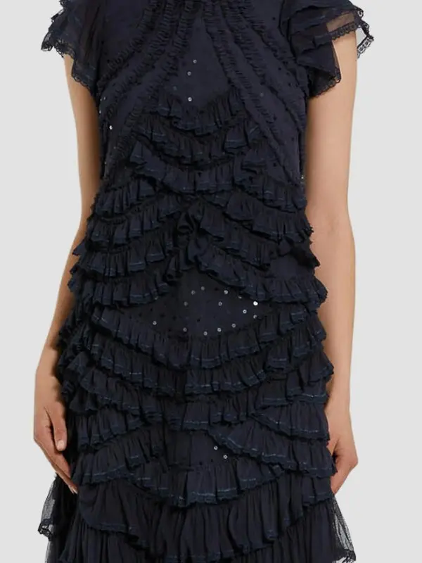 Mac Duggal High Neck Mesh Ruffle Midi-dress