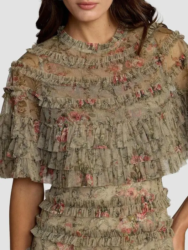 Mac Duggal Floral Ruffled Mesh Cape Midi-dress