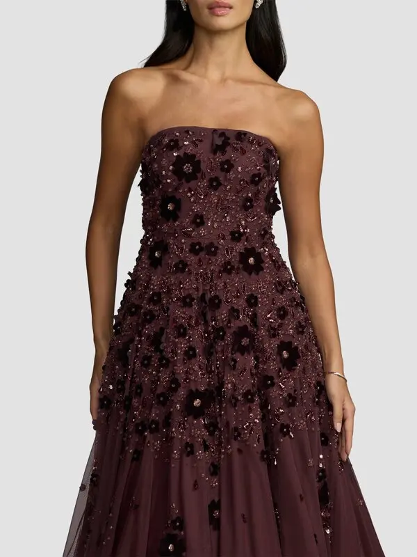 Mac Duggal Floral-beaded Mesh Strapless Gown
