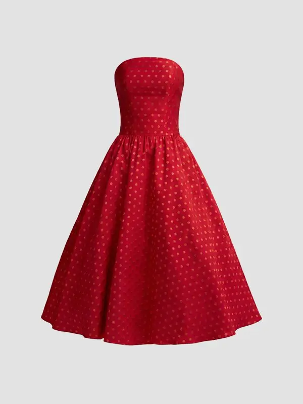 Mac Duggal Polka Dot Brocade Strapless Midi Dress