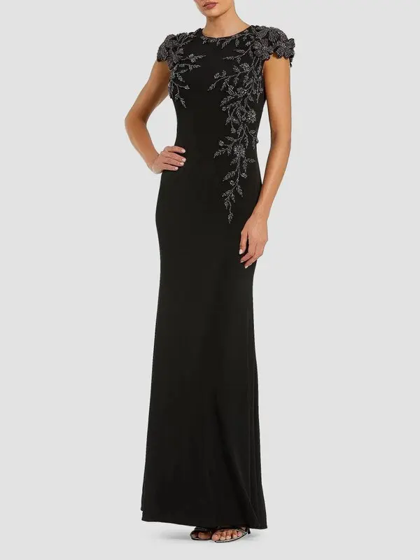 Mac Duggal Bead-embellished Floral-appliquéd Jersey Gown