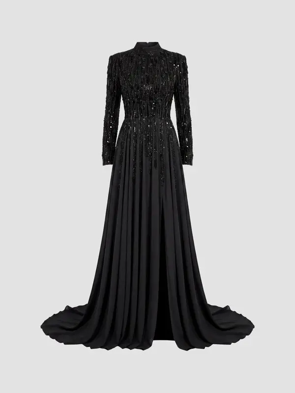 Mac Duggal Evening Embellished Satin Gown - Black
