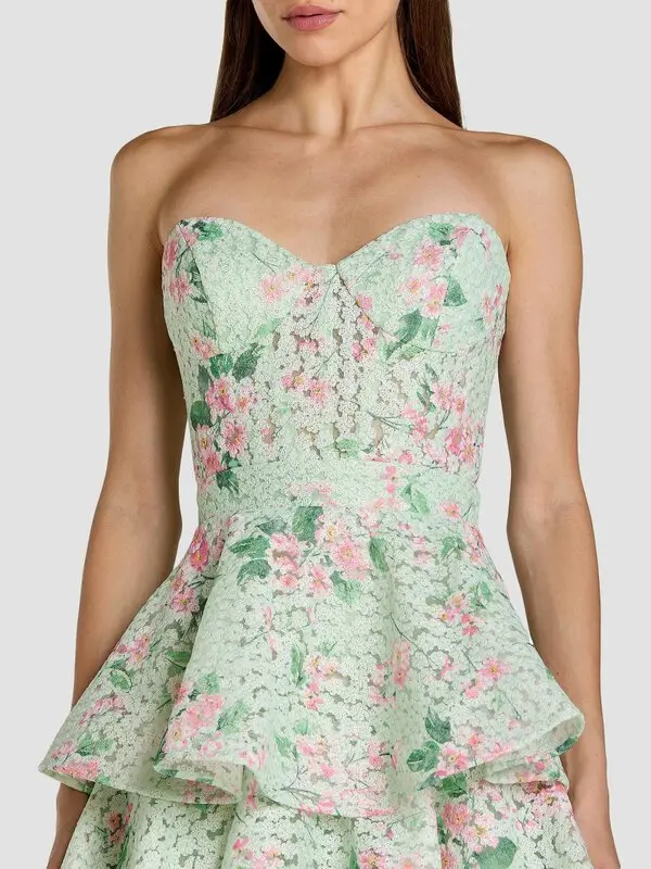 Mac Duggal Floral Net Tiered Strapless Midi-dress