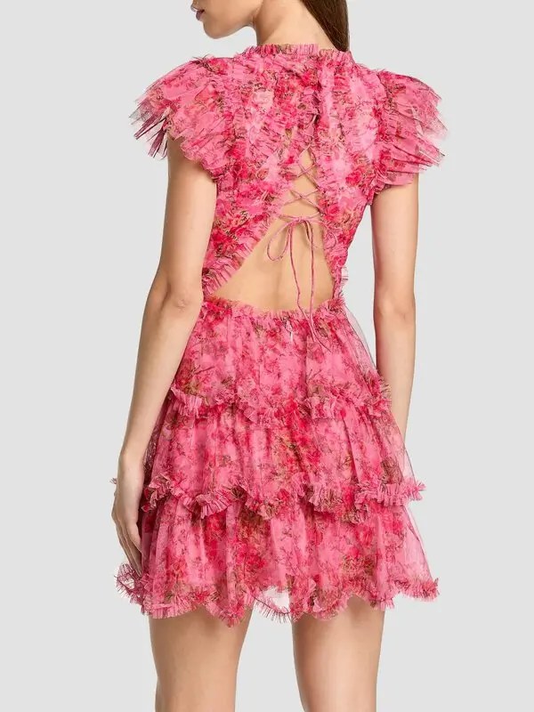 Mac Duggal Floral-mesh Ruffle Minidress