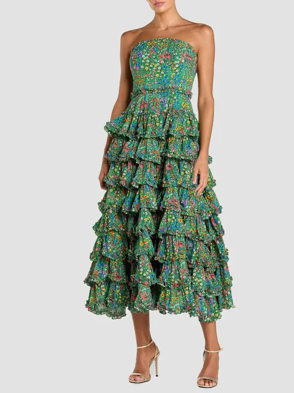 Mac Duggal Floral Ruffled Strapless Midi-dress