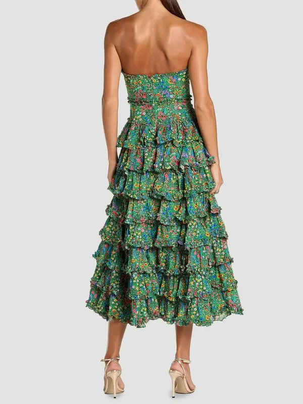 Mac Duggal Floral Ruffled Strapless Midi-dress