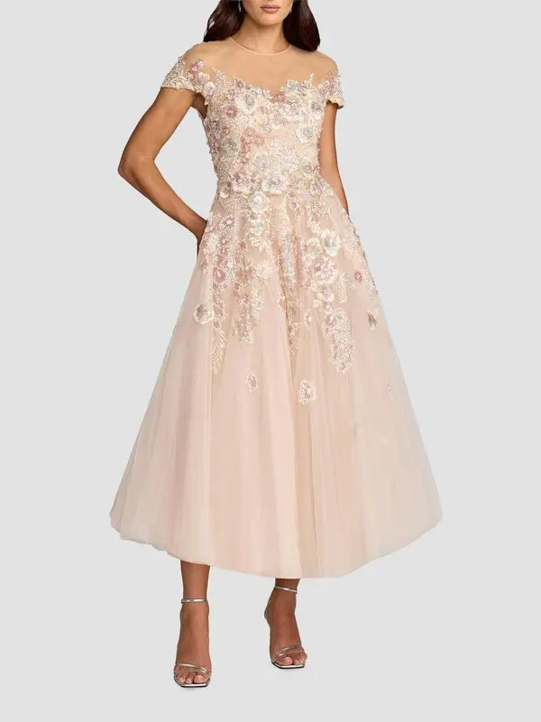 Mac Duggal Embroidered Tulle Cap-sleeve Midi-dress