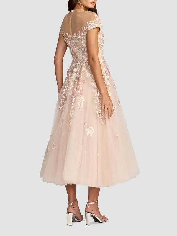 Mac Duggal Embroidered Tulle Cap-sleeve Midi-dress