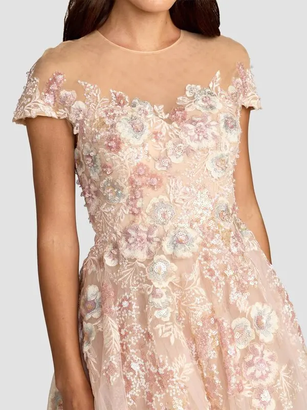 Mac Duggal Embroidered Tulle Cap-sleeve Midi-dress
