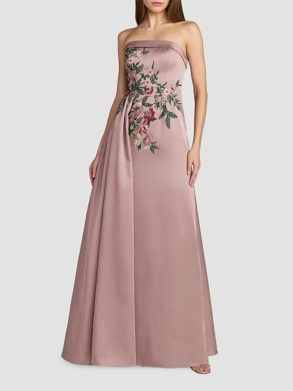 Mac Duggal Floral-beaded Satin Strapless Gown
