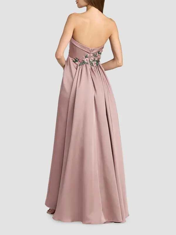 Mac Duggal Floral-beaded Satin Strapless Gown