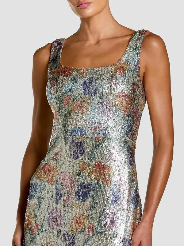 Mac Duggal Floral Sequined Sleeveless Metallic Gown