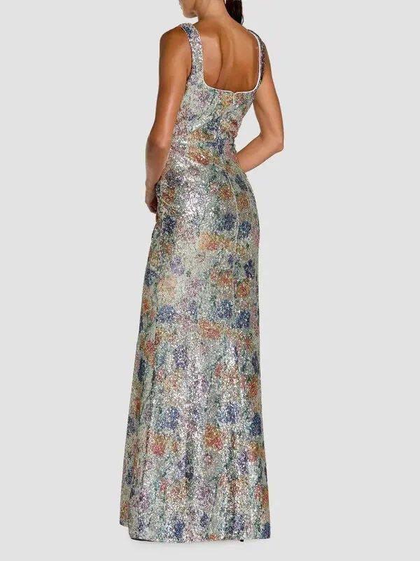 Mac Duggal Floral Sequined Sleeveless Metallic Gown