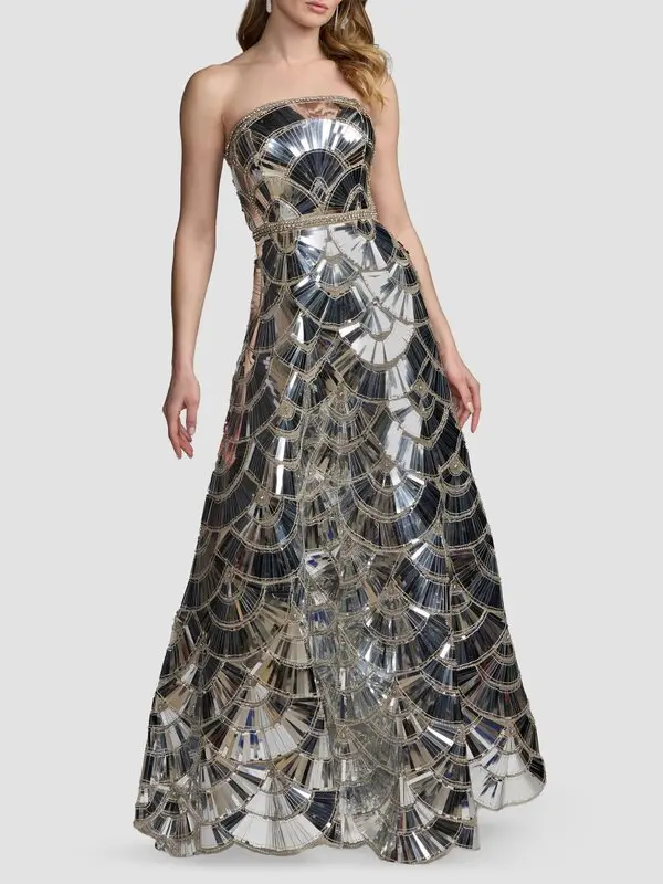 Mac Duggal Strapless Scallop Beaded Rhinestone Ballgown
