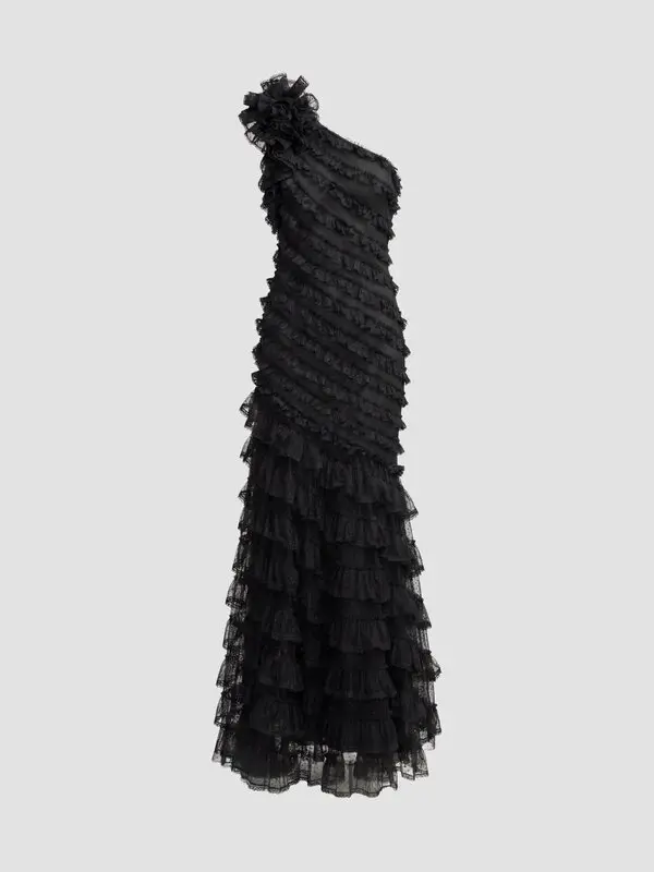 Mac Duggal One-shoulder Mesh-lace Trumpet Gown