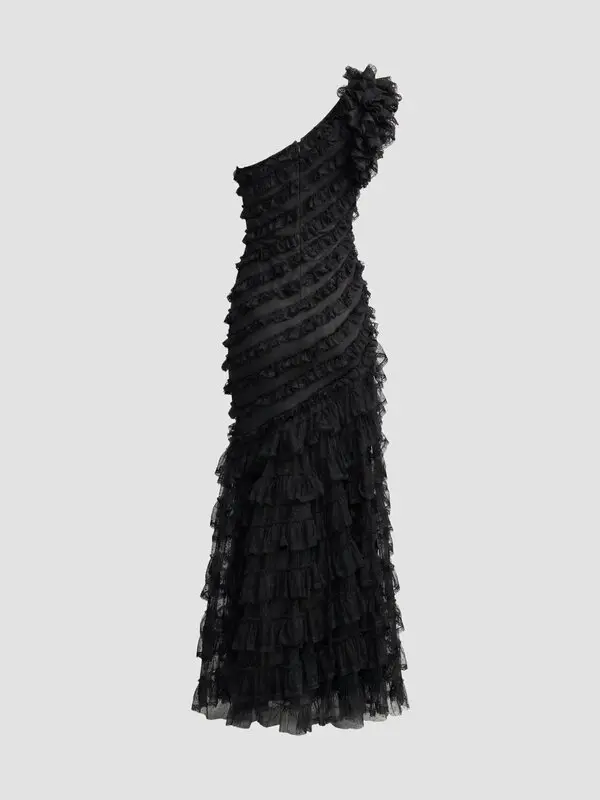 Mac Duggal One-shoulder Mesh-lace Trumpet Gown