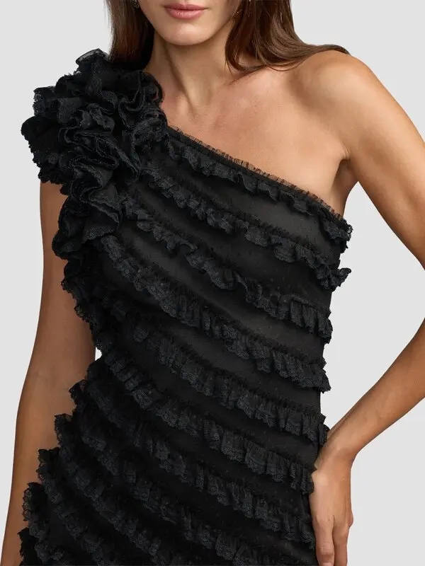 Mac Duggal One-shoulder Mesh-lace Trumpet Gown