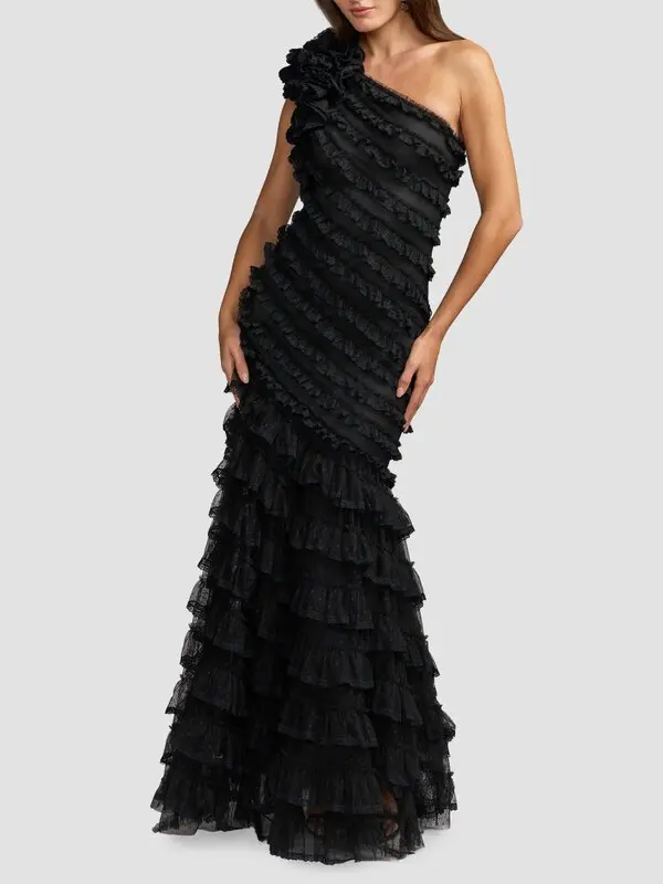 Mac Duggal One-shoulder Mesh-lace Trumpet Gown