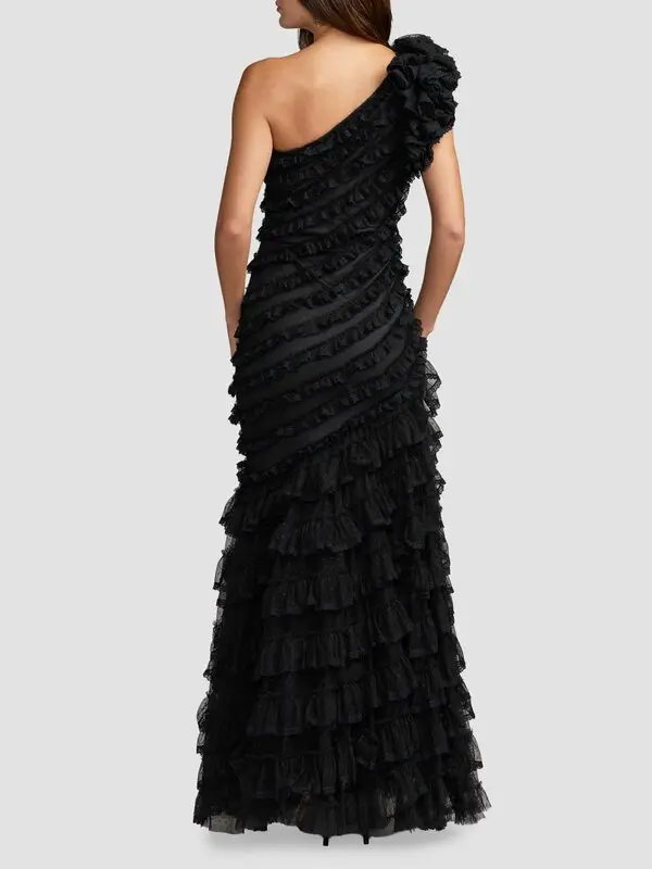 Mac Duggal One-shoulder Mesh-lace Trumpet Gown