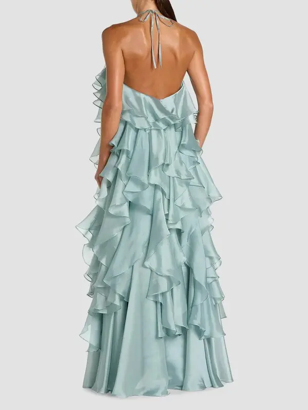 Mac Duggal Rosette Organza Trapeze Ruffle Halter Gown