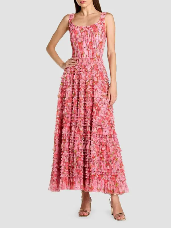 Mac Duggal Floral Mesh Ruffled Maxi Dress