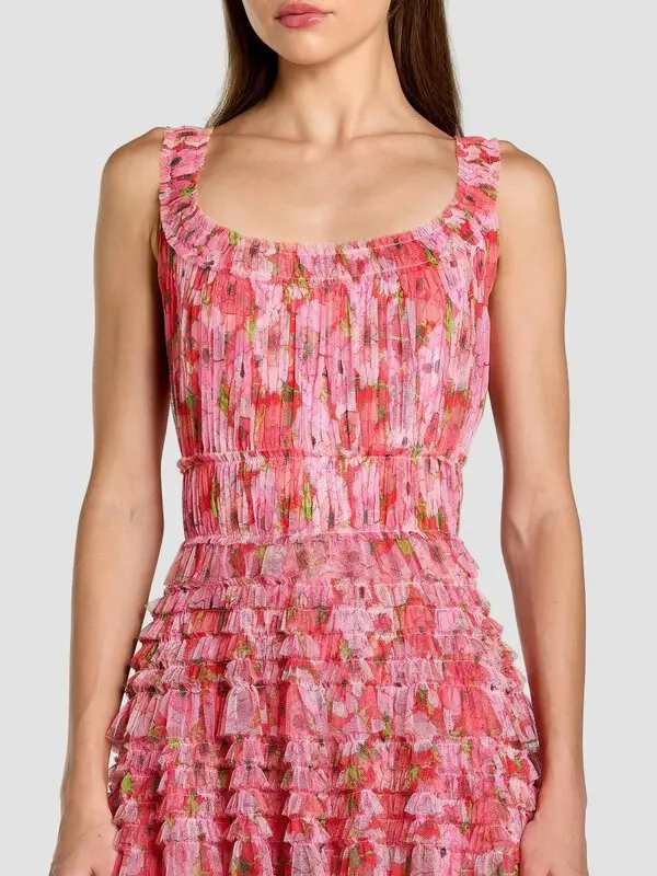 Mac Duggal Floral Mesh Ruffled Maxi Dress