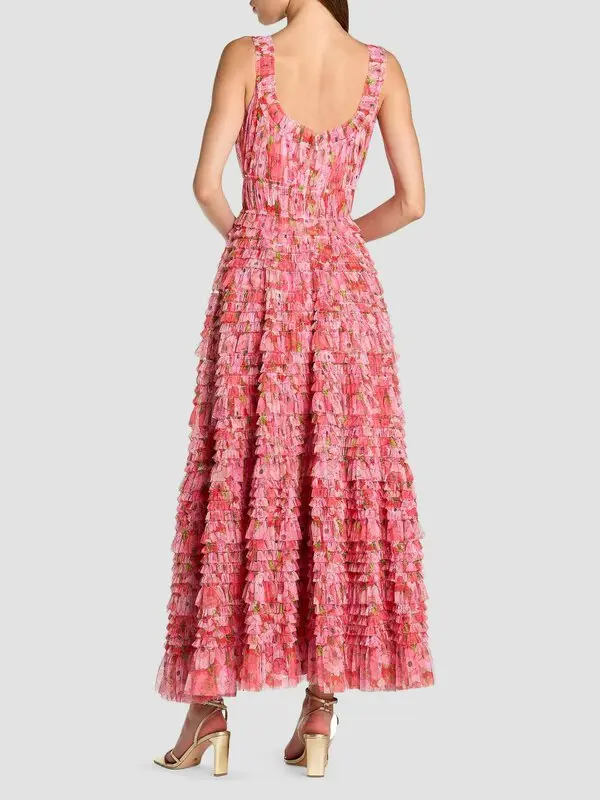 Mac Duggal Floral Mesh Ruffled Maxi Dress