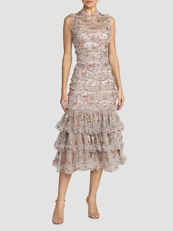 Mac Duggal Floral Embroidered Ruffled Midi-dress