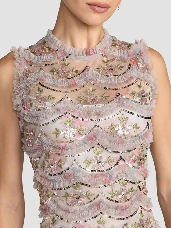 Mac Duggal Floral Embroidered Ruffled Midi-dress