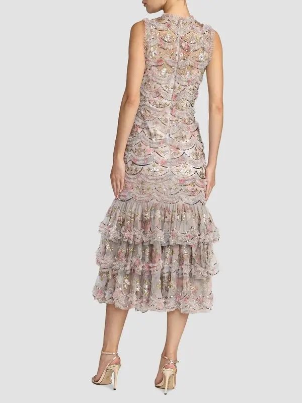 Mac Duggal Floral Embroidered Ruffled Midi-dress