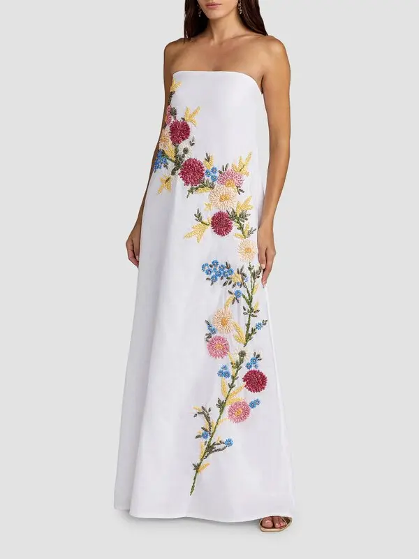 Mac Duggal Floral Embroidered Linen Strapless Trapeze Gown
