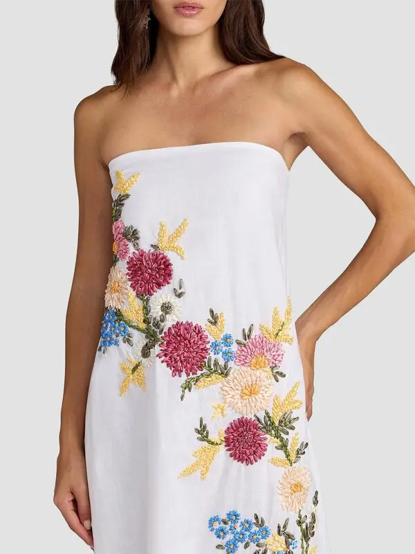 Mac Duggal Floral Embroidered Linen Strapless Trapeze Gown