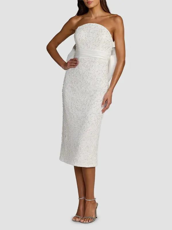 Mac Duggal Imitation Pearl Strapless Lace Midi-dress