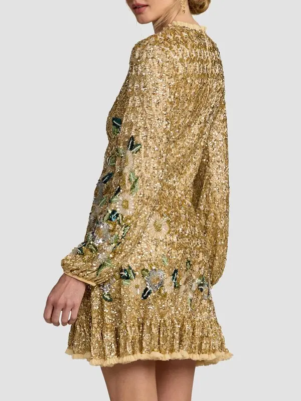 Mac Duggal Floral-beaded Mesh A-line Mini Dress