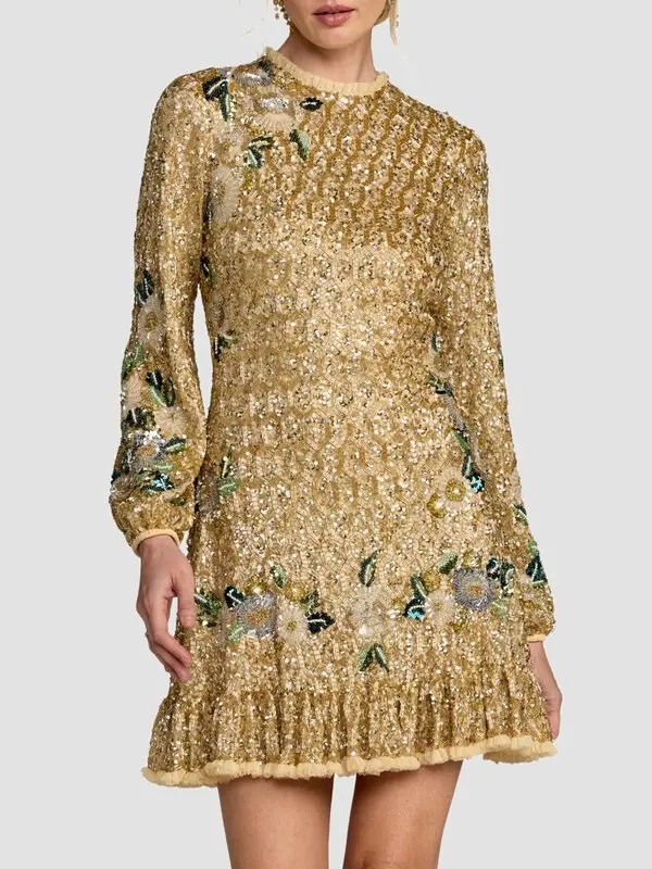 Mac Duggal Floral-beaded Mesh A-line Mini Dress