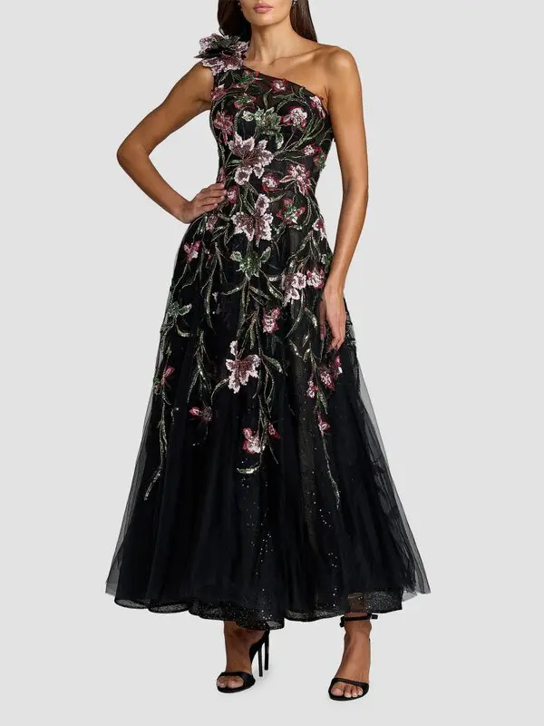 Mac Duggal Beaded Floral-embroidered One-shoulder Cocktail Dress
