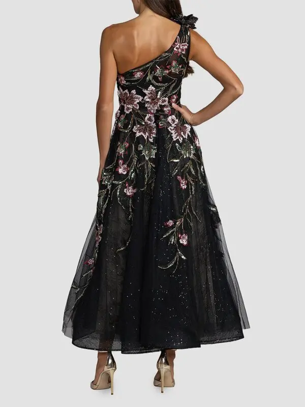 Mac Duggal Beaded Floral-embroidered One-shoulder Cocktail Dress