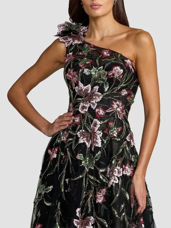 Mac Duggal Beaded Floral-embroidered One-shoulder Cocktail Dress