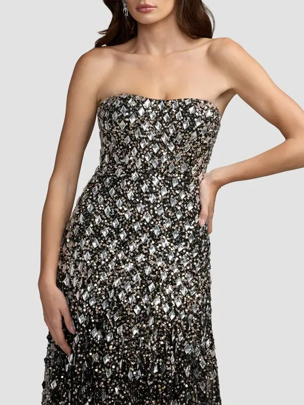 Mac Duggal Beaded Mesh Strapless A-line Gown