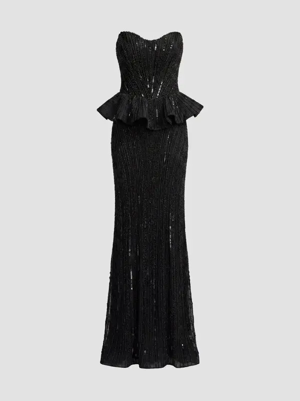 Mac Duggal Beaded Mesh Strapless Peplum Gown