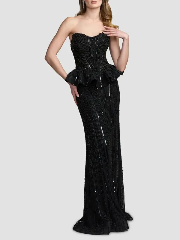 Mac Duggal Beaded Mesh Strapless Peplum Gown