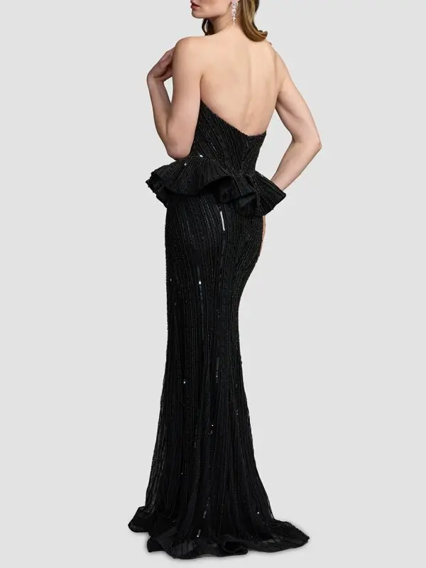 Mac Duggal Beaded Mesh Strapless Peplum Gown