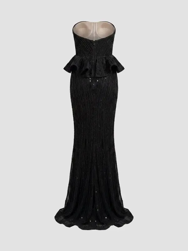 Mac Duggal Beaded Mesh Strapless Peplum Gown