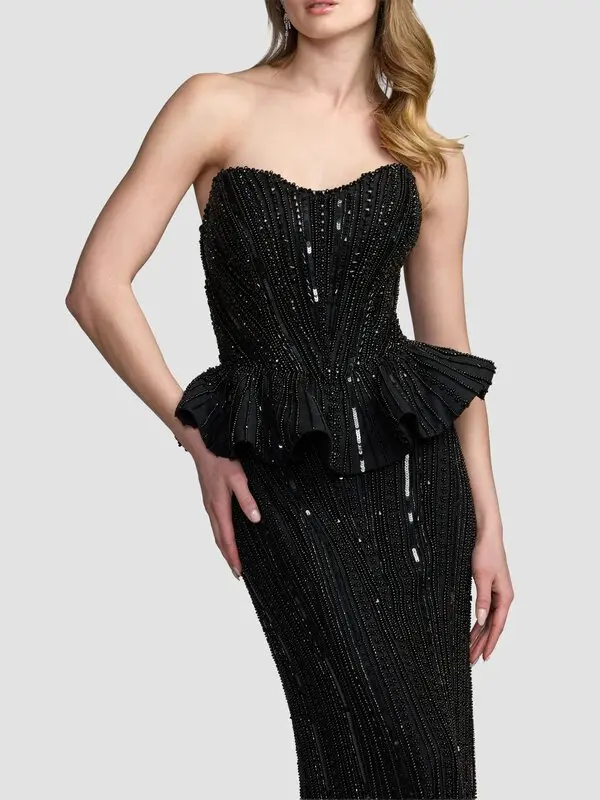 Mac Duggal Beaded Mesh Strapless Peplum Gown