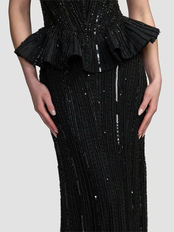 Mac Duggal Beaded Mesh Strapless Peplum Gown