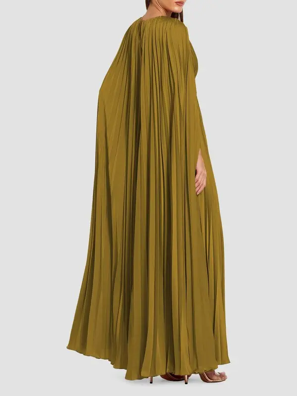Mac Duggal Petite Ieena 1 Pleated Satin A-line Cape Gown