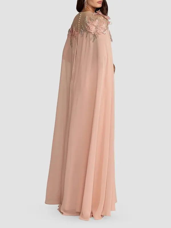 Mac Duggal Floral Crêpe Cape-detail Gown