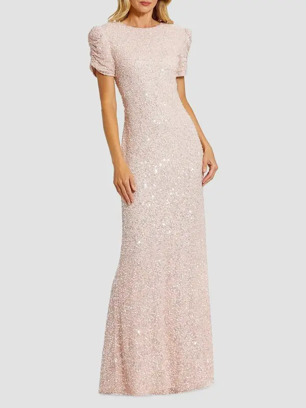 Mac Duggal Petite Beaded Mesh Column Short-sleeve Gown