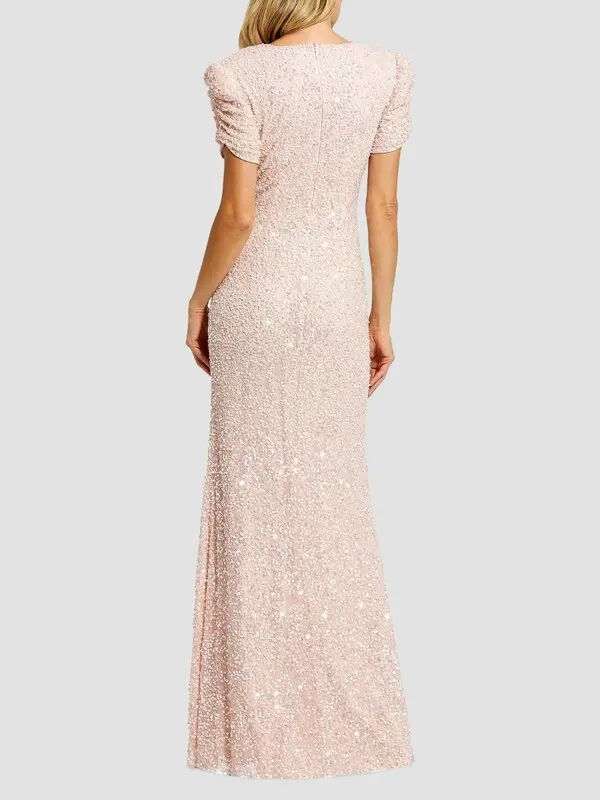 Mac Duggal Petite Beaded Mesh Column Short-sleeve Gown